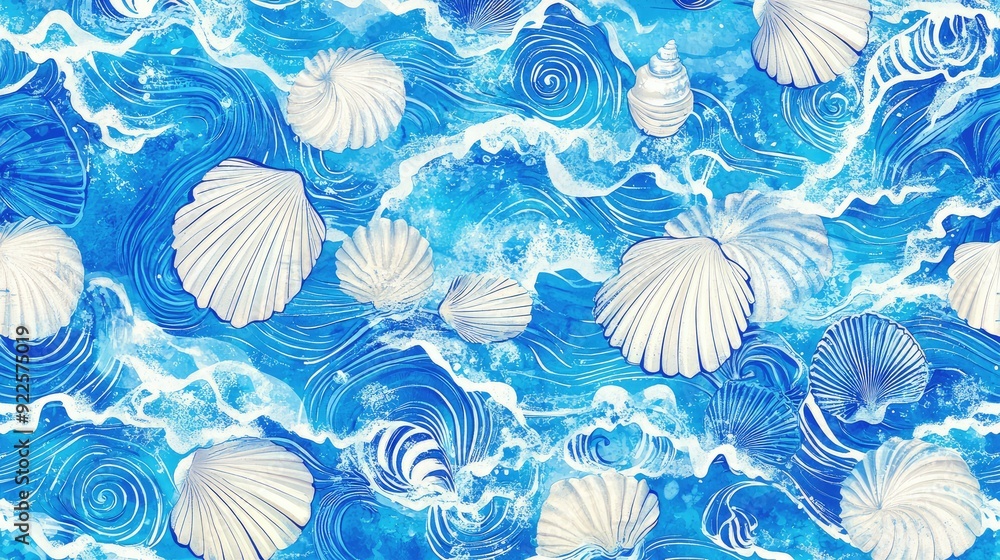 Ocean-inspired sarong pattern with seashells and wave designs in blue ...