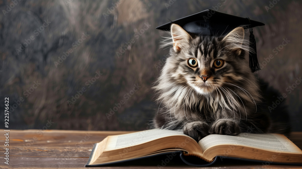 Cat in a black graduation cap sits on a wooden table with an open book ...