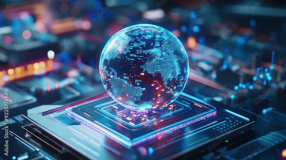 A futuristic digital globe on a circuit board, symbolizing technology ...