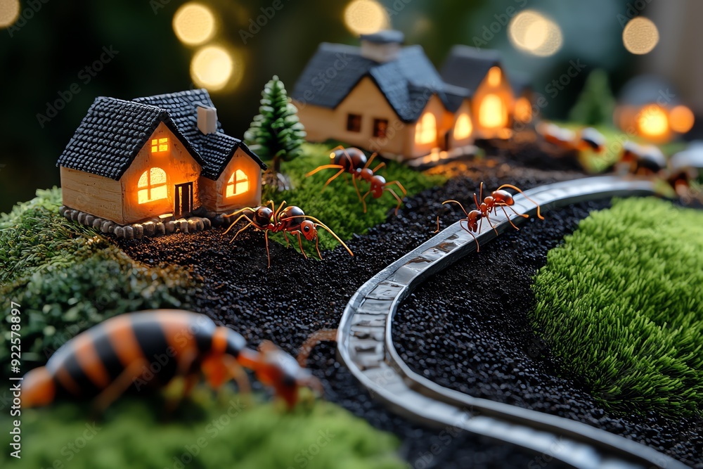 Miniature village with toy houses, lit windows and model insects ...
