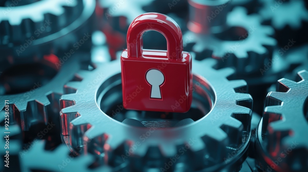 A red lock icon with a white keyhole is placed on top of a circular ...