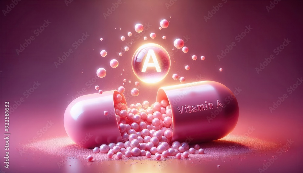 Pink pill labeled "Vitamin A" opened, releasing glowing spheres and a ...