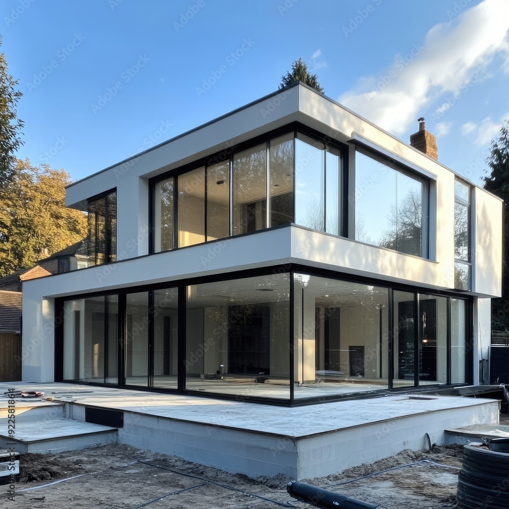 A modern home extension in progress, with large glass windows being ...