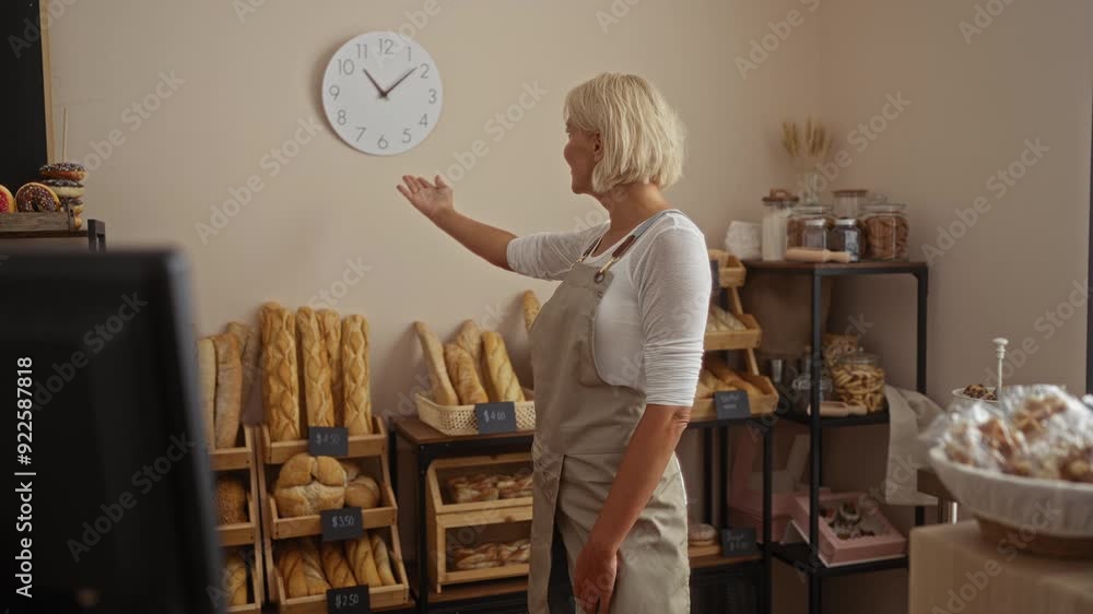 Blonde woman smiling in a bakery with shelves of bread and pastries in ...