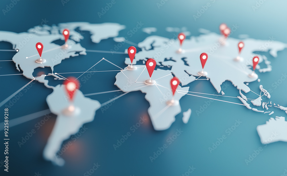 World map with red location pins connected by lines, representing ...