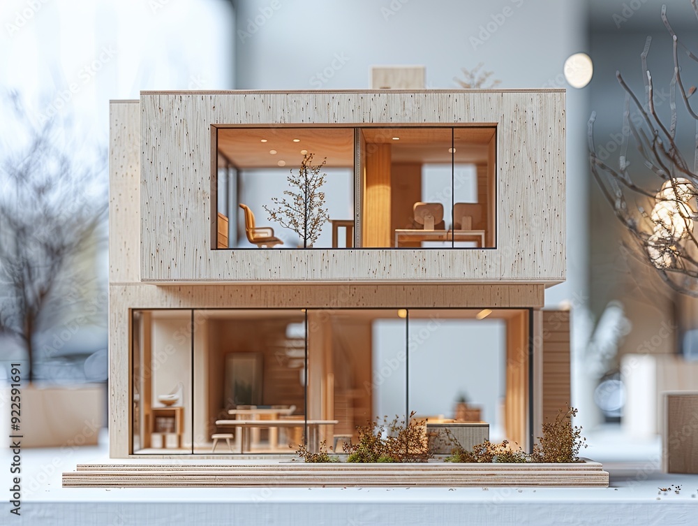 Blank white background, product showcase, toy-sized house with a boxy ...
