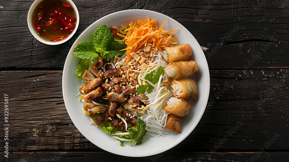 Bun cha gio with fresh vegetables and nuoc cham sauce on a plate is ...
