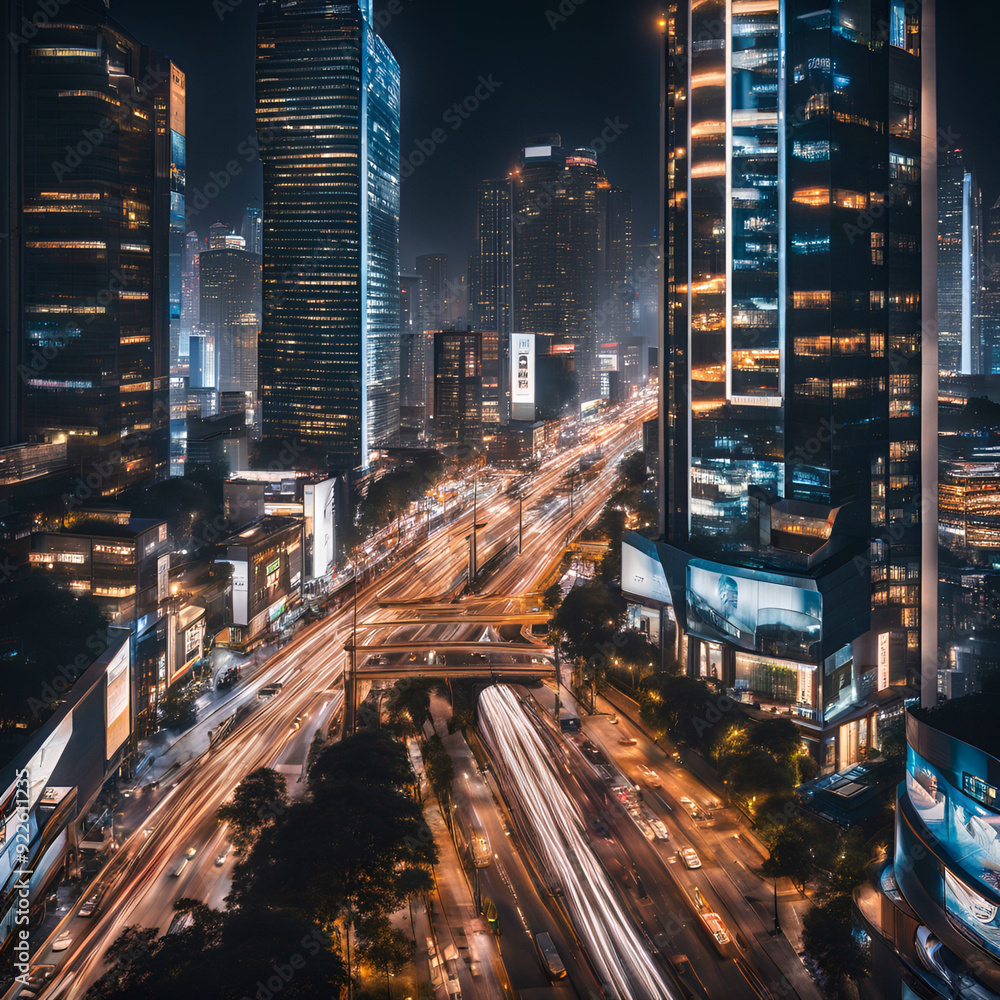 notte, cittá, skyline, urbana, distanza, costruzione, ingorgo, strada ...