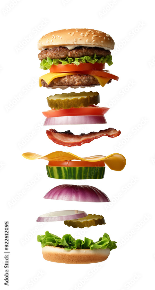 Exploded view of a hamburger with layers of bun, lettuce, cheese ...