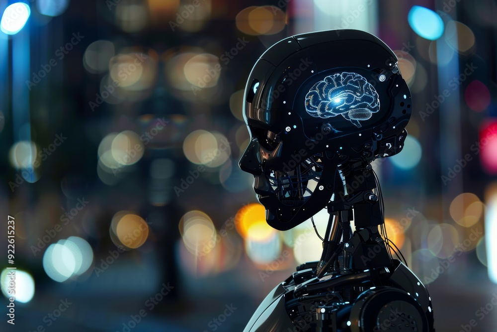 Advanced AI robot side profile with a dark background, room for text ...