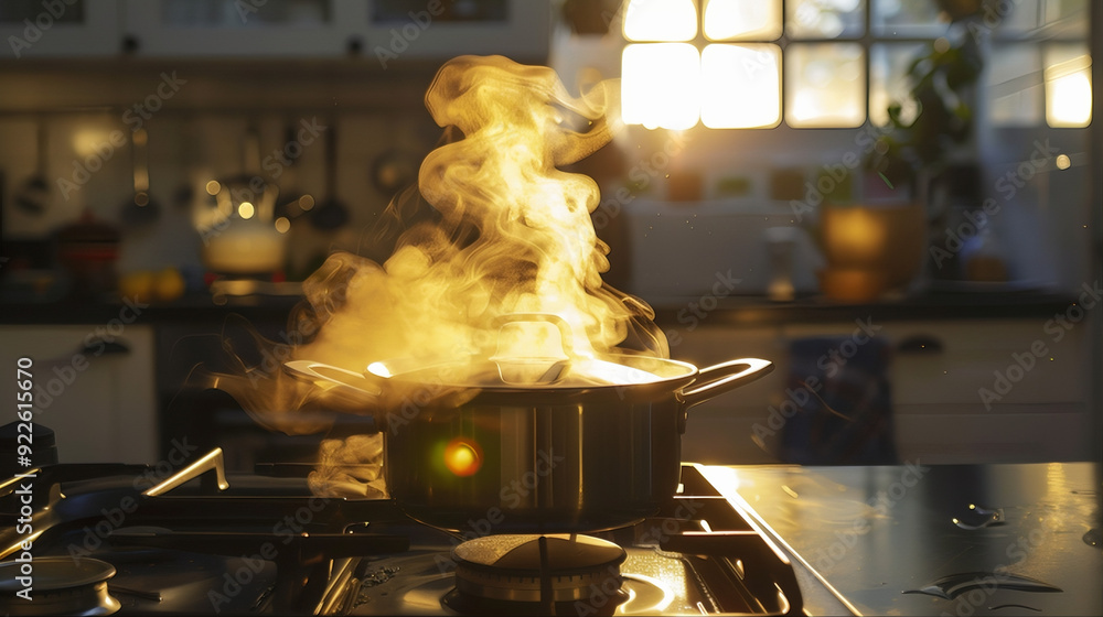 cooking in the kitchen, boiling water on a fire, pot, pan, kettle, heat ...