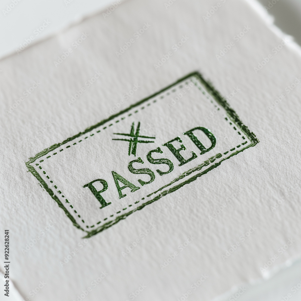 A clear green stamp imprint with the word "Passed" in clean, serif font ...