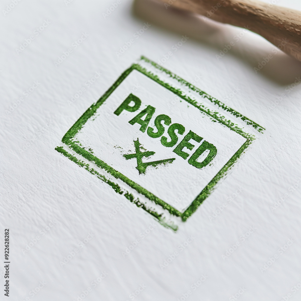 A clear green stamp imprint with the word "Passed" in clean, serif font ...