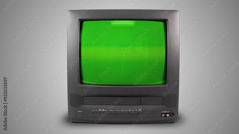 Old TV on a light background with a green screen. TV from the 90s with ...