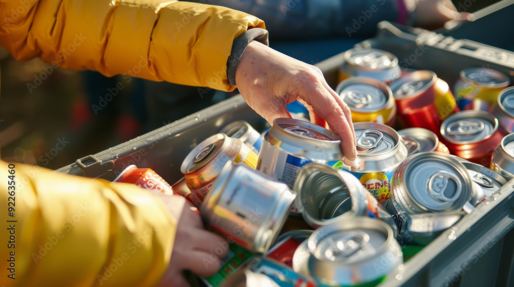 Hands placing recyclable cans into a recycling bin during daylight in ...