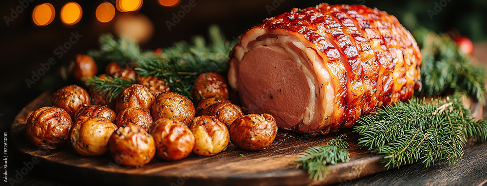 Food photo banner with Christmas meals, dishes of roast ham Stock Photo ...