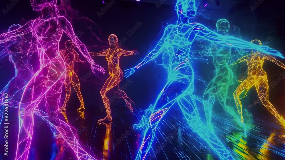 Neon outlines of human figures dance energetically under colorful neon ...