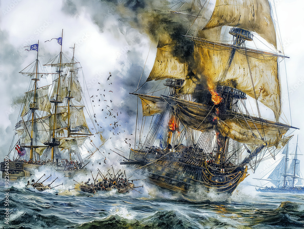 A painting of a battle between two ships with one of them being a ...