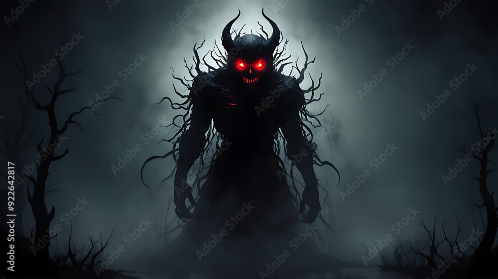 evil demon head on a dark background, mysterious monster with glowing ...