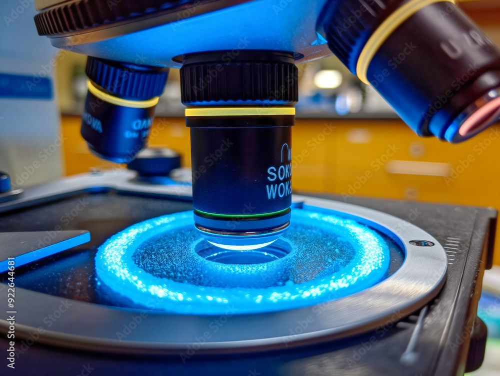 A microscope with a blue light shining on a round object. The ...