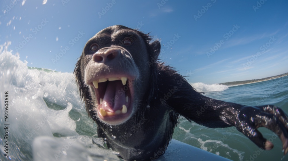 Chimpanzee monkey with surfboard on the beach, close-up. Chimpanzee ...