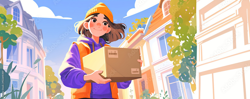Delivery girl hold package in suburban neighborhood. Background for ...