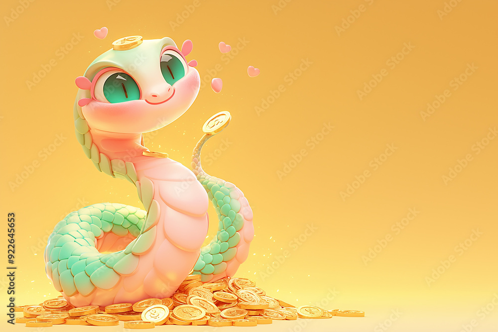 2025 cartoon 3D snake. The snake is sitting on a pile of gold coins ...