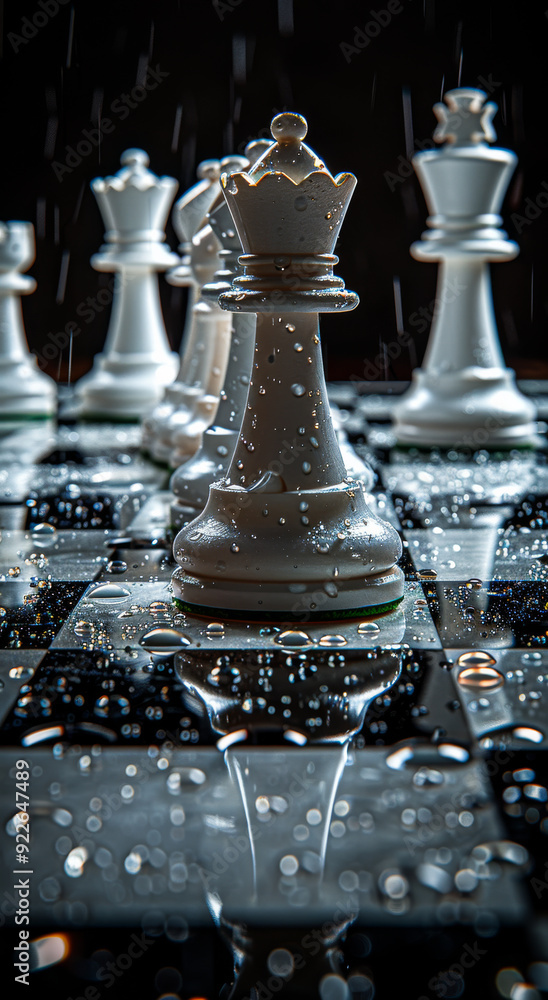 Water droplets on elegant chess pieces during a nighttime match. Water ...