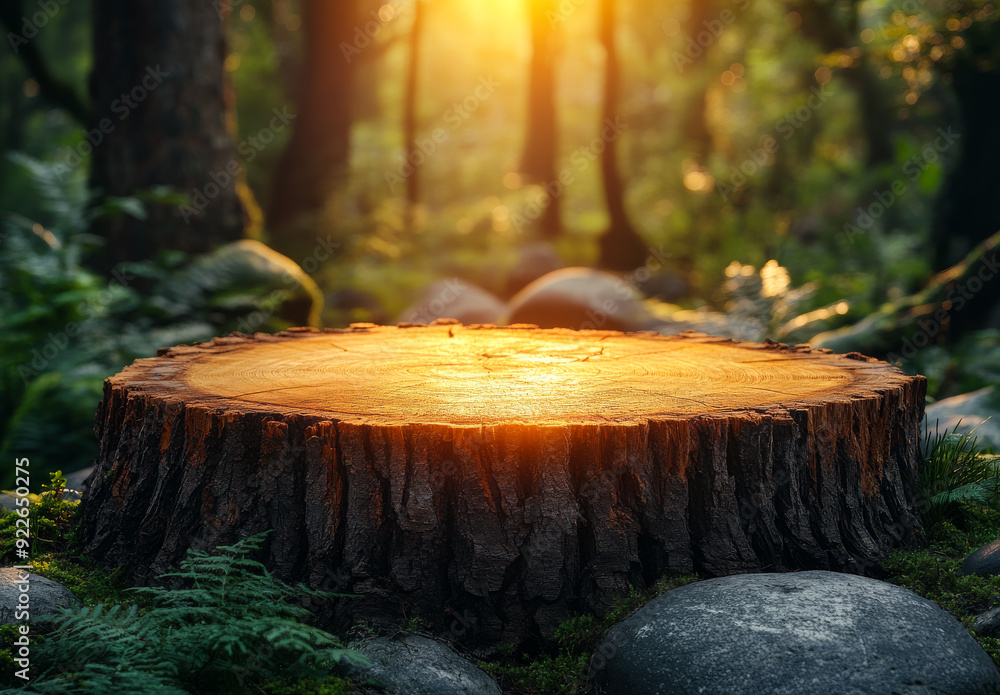 Sunlight shining on a mossy tree stump in a forest setting. A tree ...