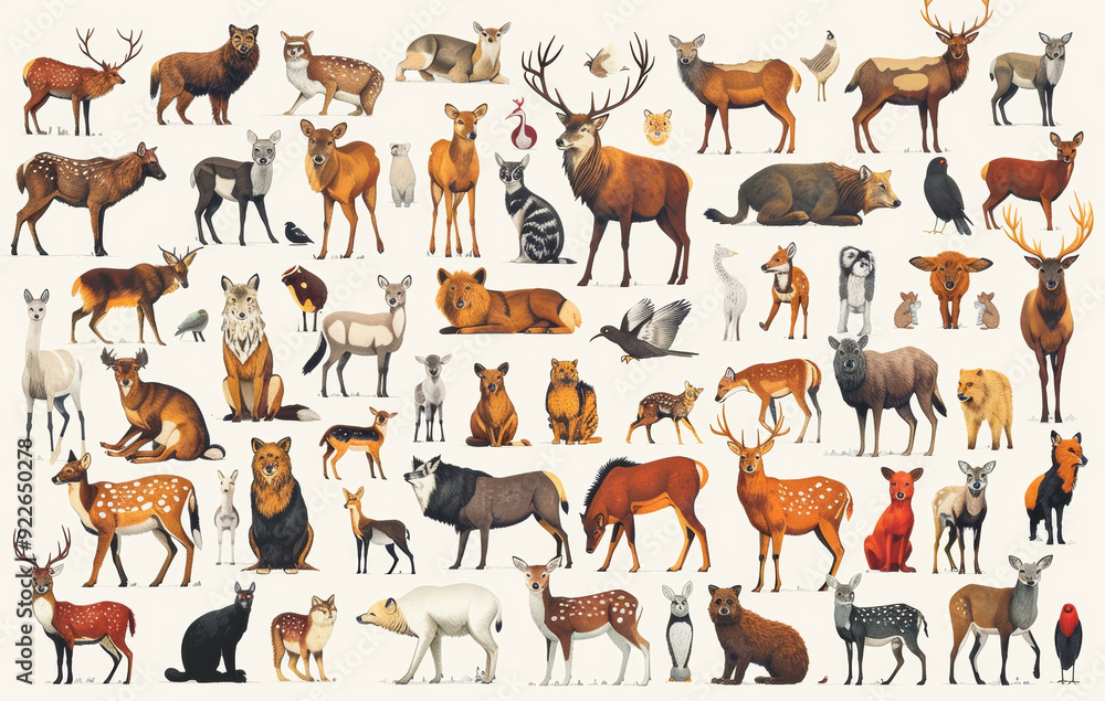 Collage of various forest animals in natural poses and habitats. A ...