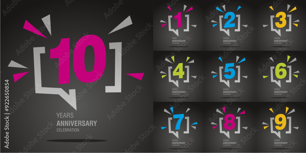 Set of Anniversary vector creative design emblems with colorful numbers ...