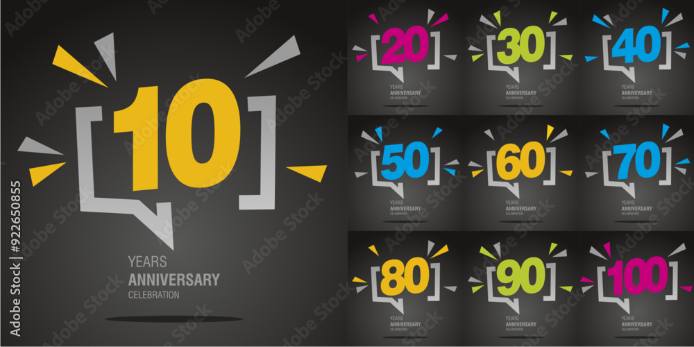 Set of Anniversary decades vector creative design emblems with colorful ...