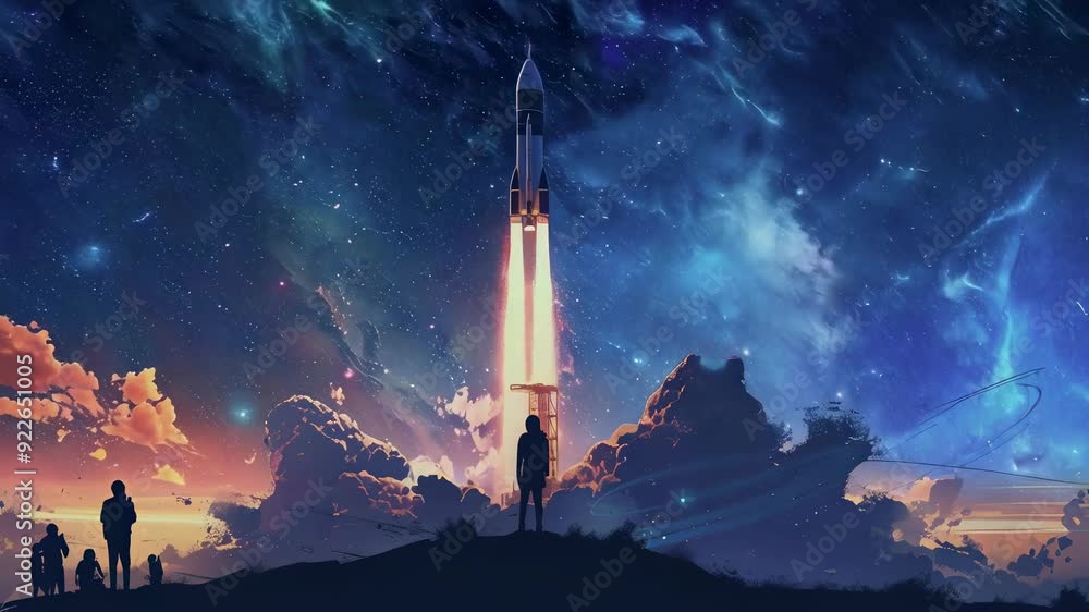 A rocket launches into the night sky as observers watch in awe ...