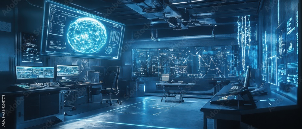 Futuristic Cyber Security Control Room Interior with Monitors Showing ...