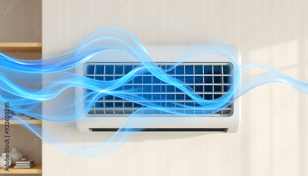 Blue waves of fresh clean air in the apartment. Air conditioner. Fresh ...
