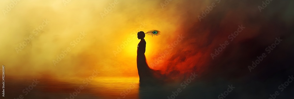 Silhouette of Hindu god Lord Krishna with peacock feather on sunset ...