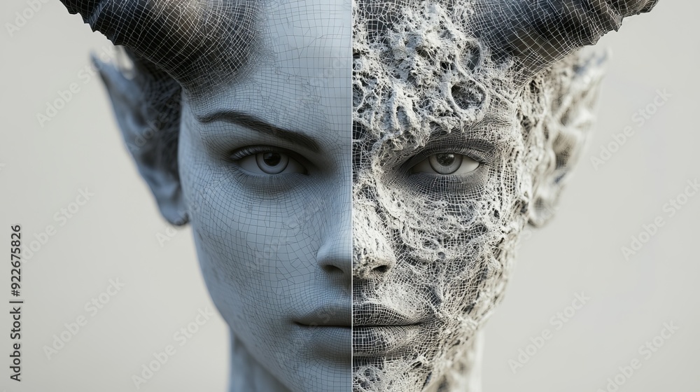 Half-human, half-monster figure in a neutral artistic setting Stock ...