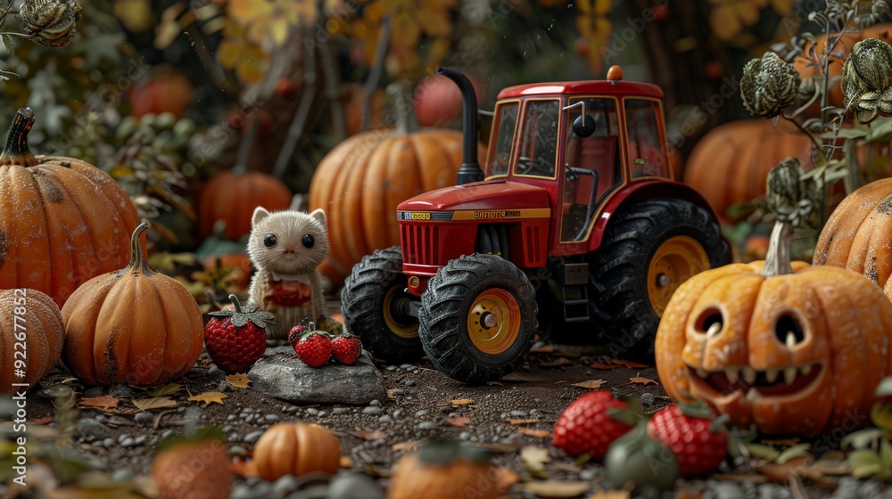 3d Farm with tractor and crops isolated. Tractor harvesting on piece of ...