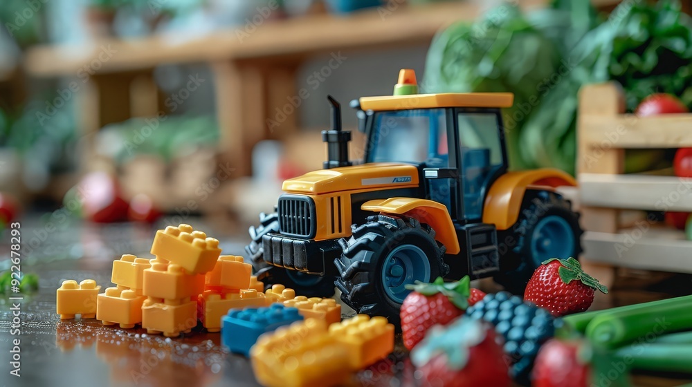 3d Farm with tractor and crops isolated. Tractor harvesting on piece of ...