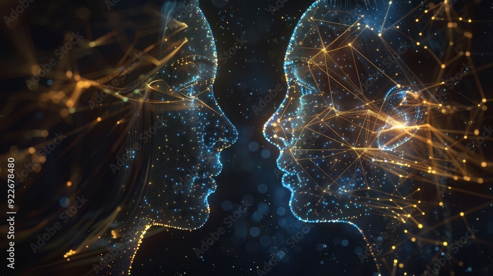 Digital representation of two human faces connected by intricate ...