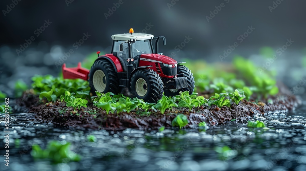 3d Farm with tractor and crops isolated. Tractor harvesting on piece of ...