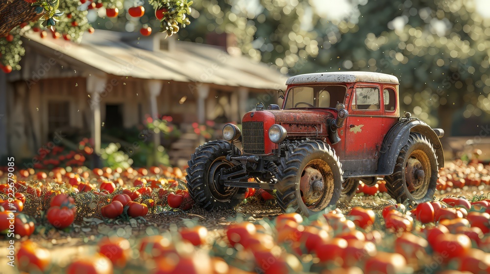 3d Farm with tractor and crops isolated. Tractor harvesting on piece of ...