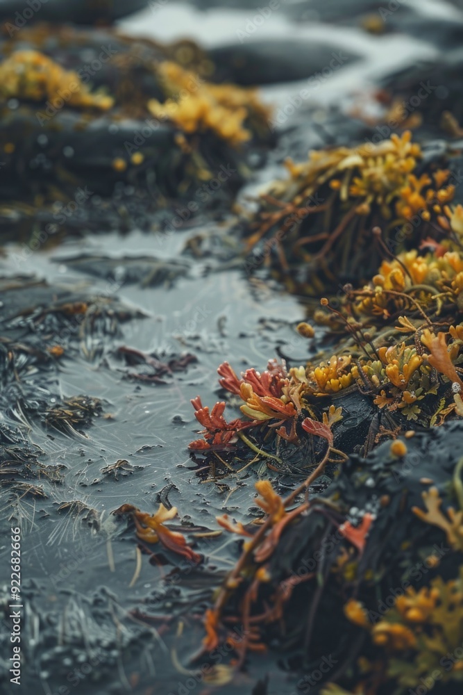 Muddy water flowing through a marshy area, lined with various seaweeds ...