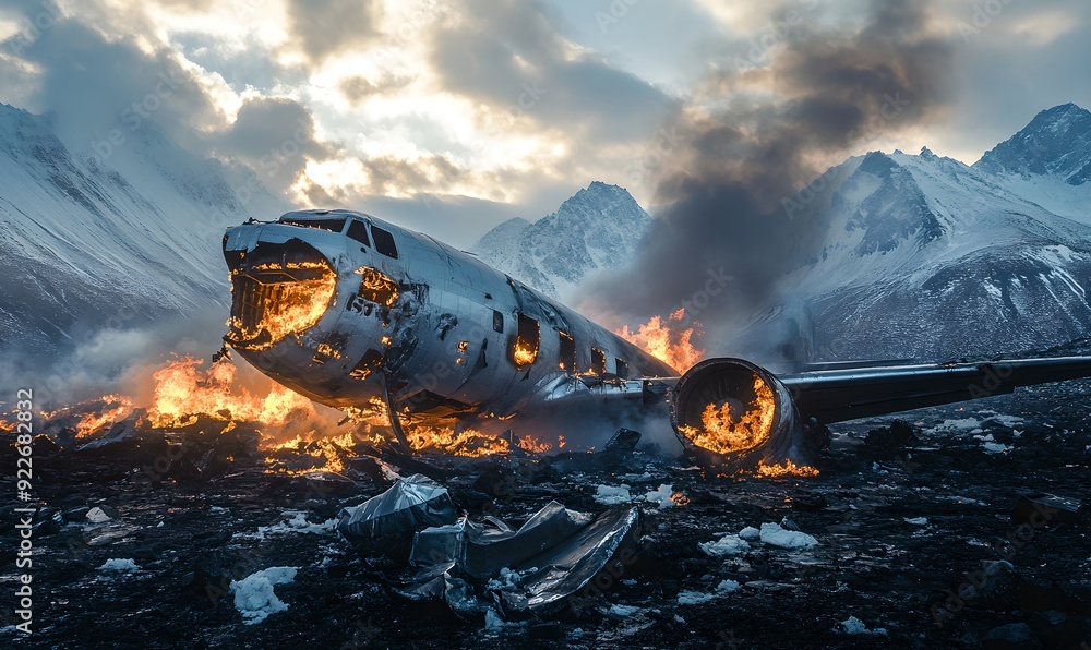 Burning airplane wreckage in the mountains. Aviation disaster and air ...