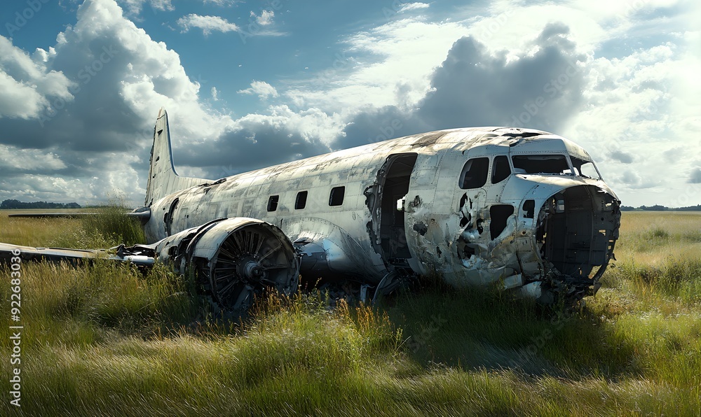 Airplane ruins in the field. Crashed plane wreck in meadow. Aviation ...