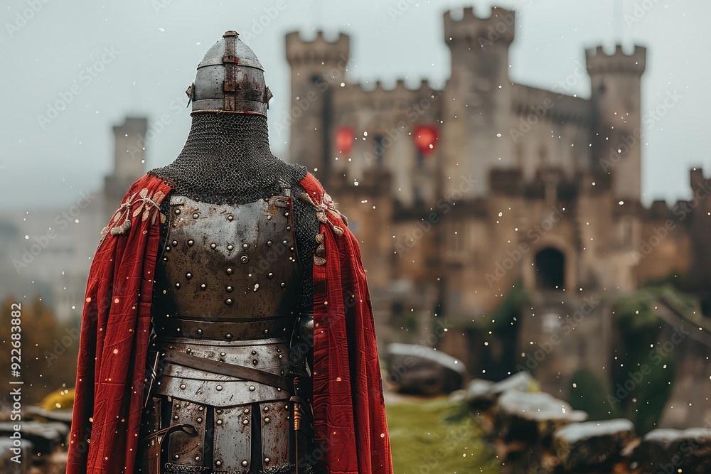 Medieval knight in steel armor against the background of castle walls ...