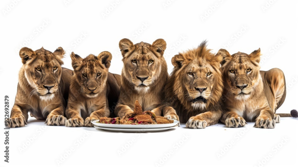 Lions feasting together Group gathered around a meal, intense ...