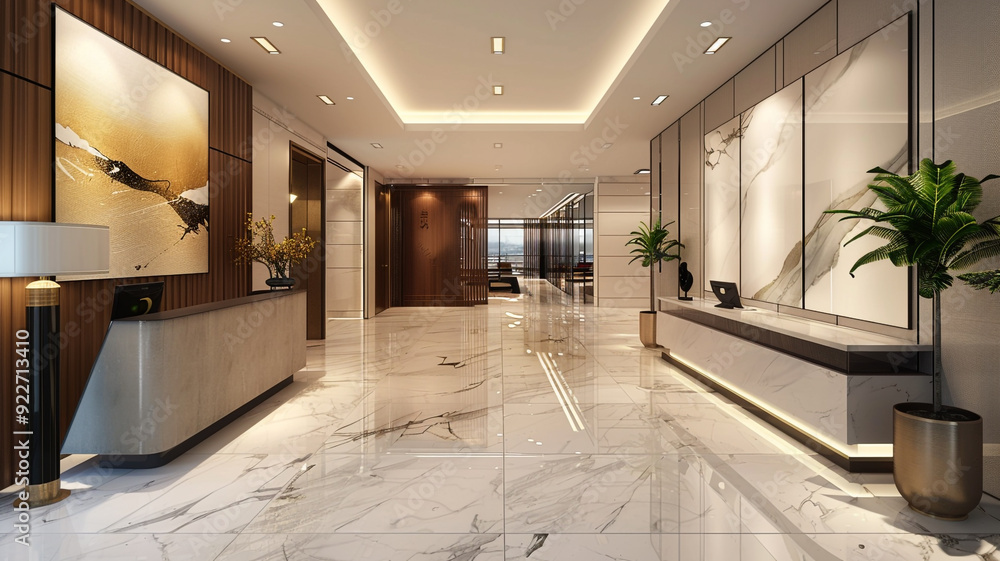 An expansive office entrance hall featuring glossy marble floors ...