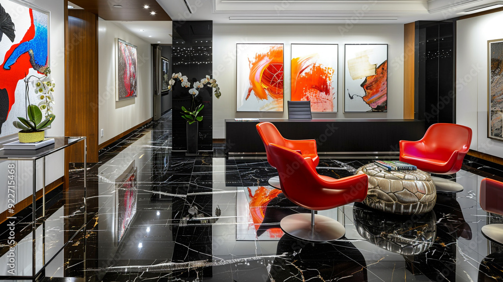 An office entrance hall with glossy black marble floors, striking ...