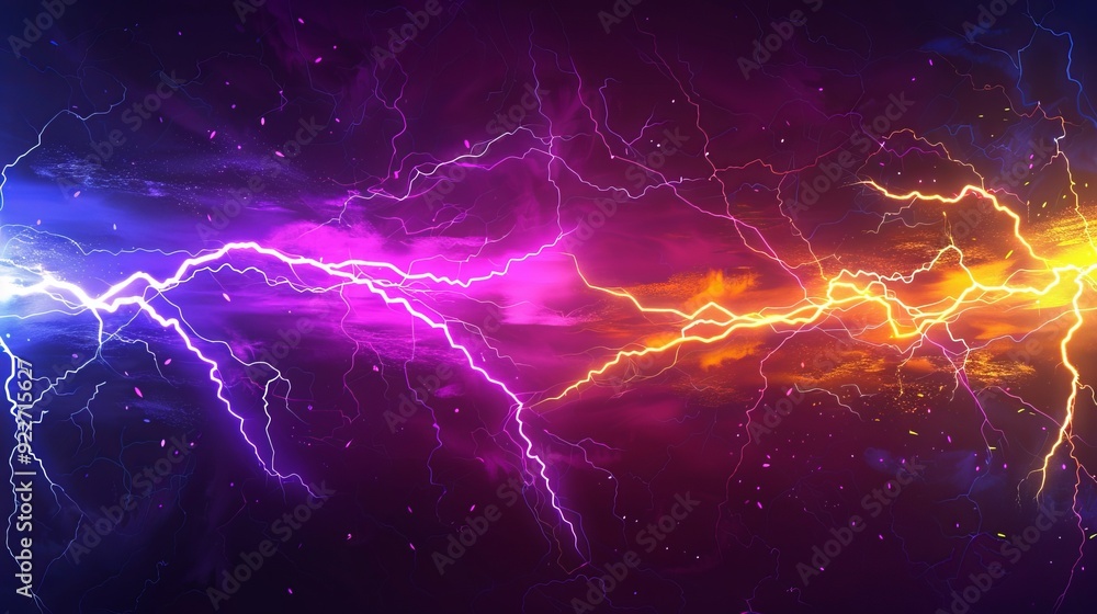 Purple and orange thunder collision with shock burst flash and neon ...